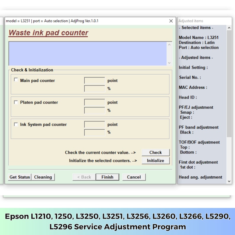 Epson L1210, L1250, L3210, L3211, L3250, L3251, L3256, L3260, L3266 ...