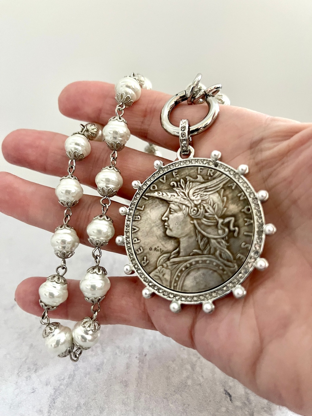 Silver Coin Pendant Necklace: Porcelain Pearl Chain, CZ Bezel - Etsy
