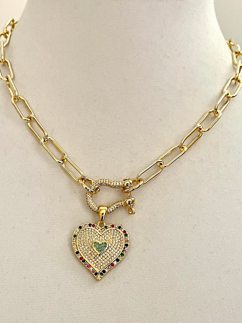 Gold Paperclip Chain Necklace-cz Shackle Clasp-multi Colored - Etsy