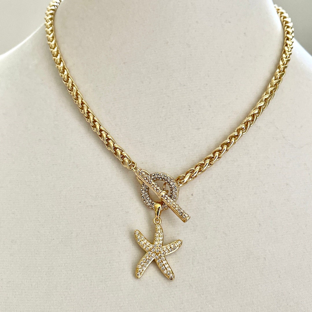 Gold Chain Necklace- CZ Starfish Pendant-micro Pave CZ Toggle Clasp ...