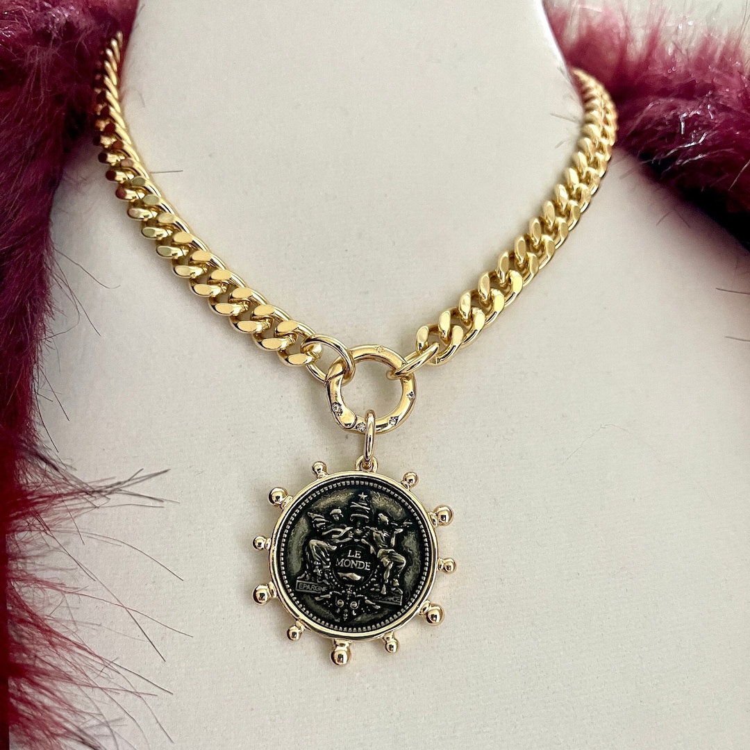 Gold Chunky Miami Cuban Chain Necklace-french Le Monde Replica Coin ...