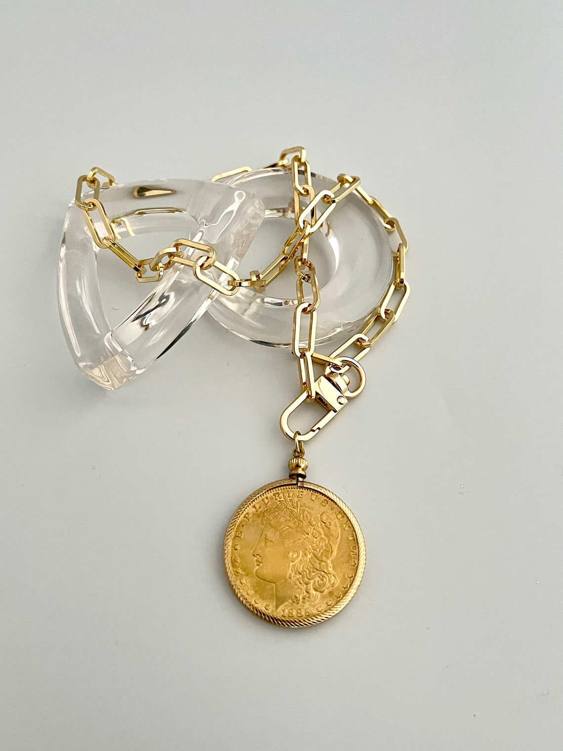 Gold Coin Pendant-paperclip Chain Necklace-shiny Gold - Etsy