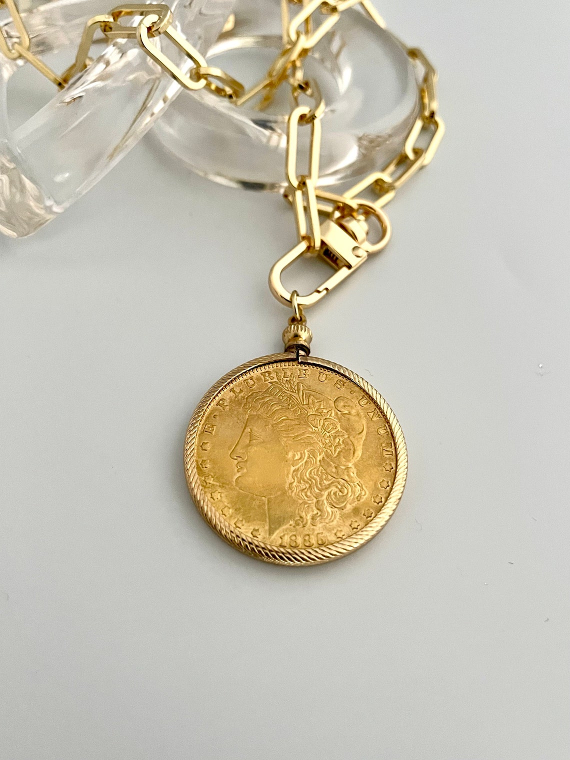 Gold Coin Pendant-paperclip Chain Necklace-shiny Gold - Etsy