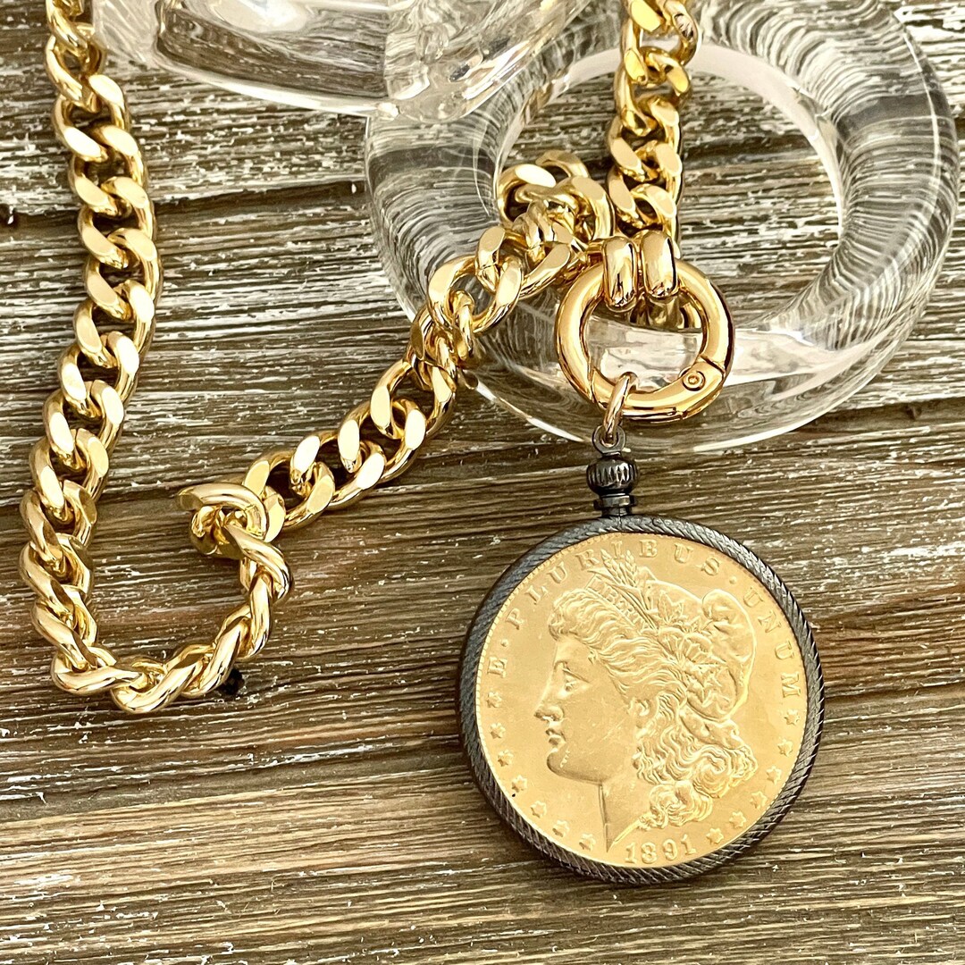 Gold Miami Cuban Chain Necklace-gold Reproduction Morgan Dollar Coin ...