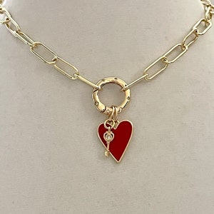 Gold Paperclip Chain Necklace-red Heart Enamel Pendant-gold CZ Key ...