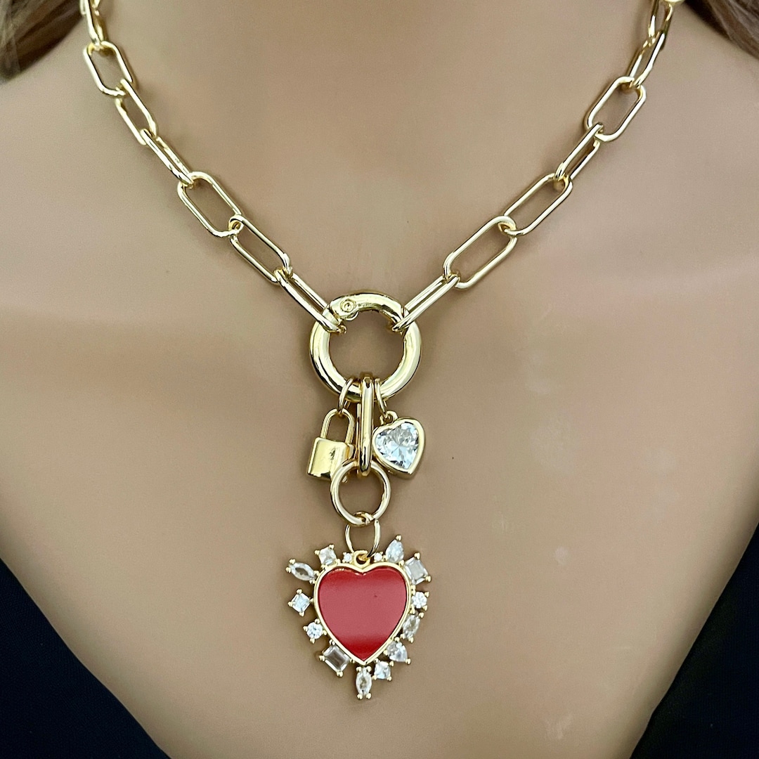 Gold Paperclip Chain Necklace-mixed Charm Necklace-red CZ Heart Charm ...