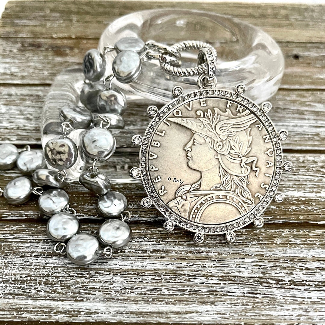 Silver Reproduction French Coin Necklace-porcelain Glass Grey Coin ...