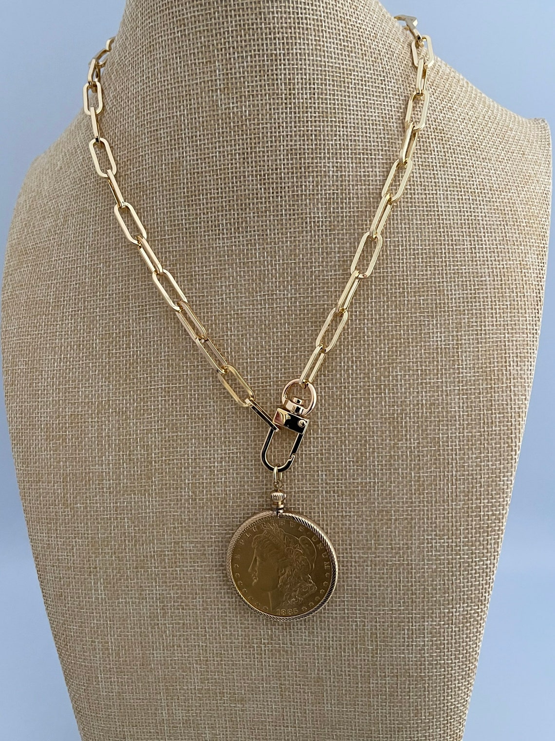 Gold Coin Pendant-paperclip Chain Necklace-shiny Gold - Etsy