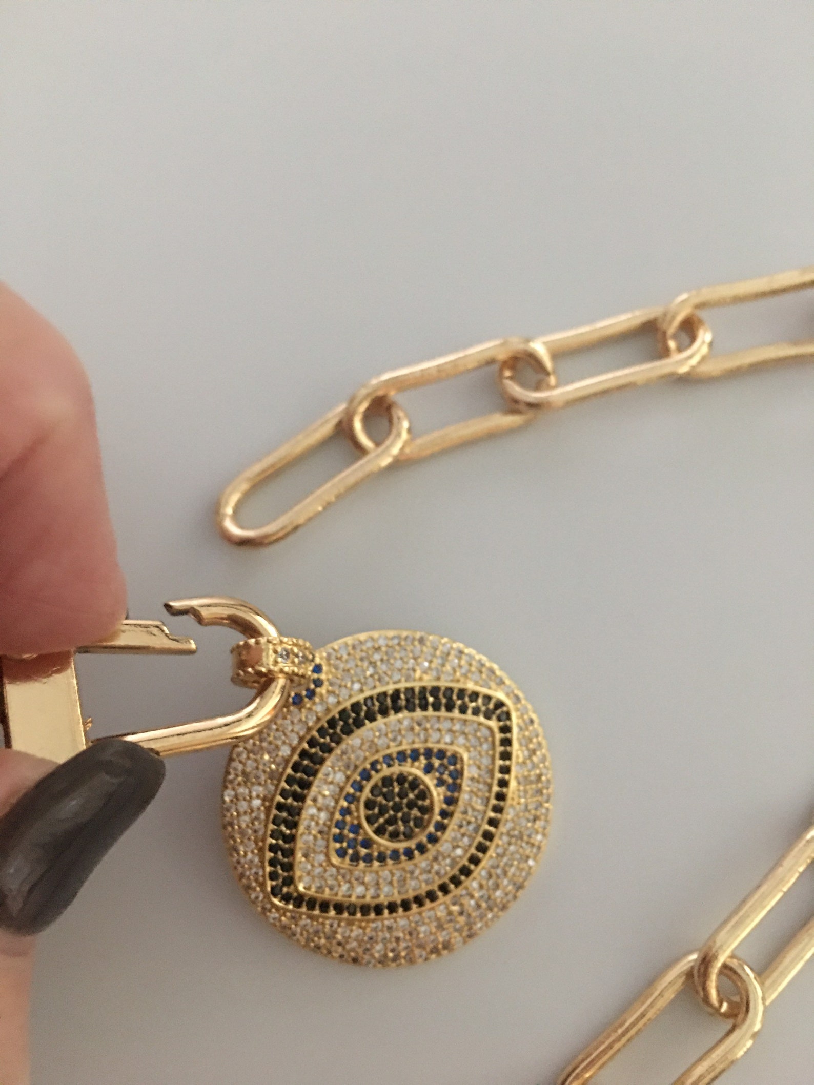 Gold Chain Necklace Carabiner Spring Gate Lock-Pave Evil Eye | Etsy