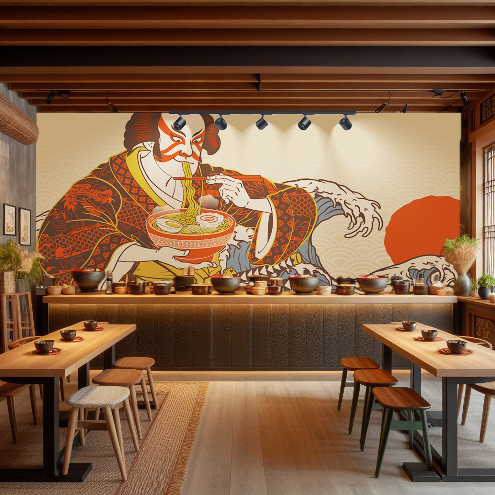 Japanese Samurai Enjoying Ramen Vector Peel and Stick Wallpaper - Ideal ...