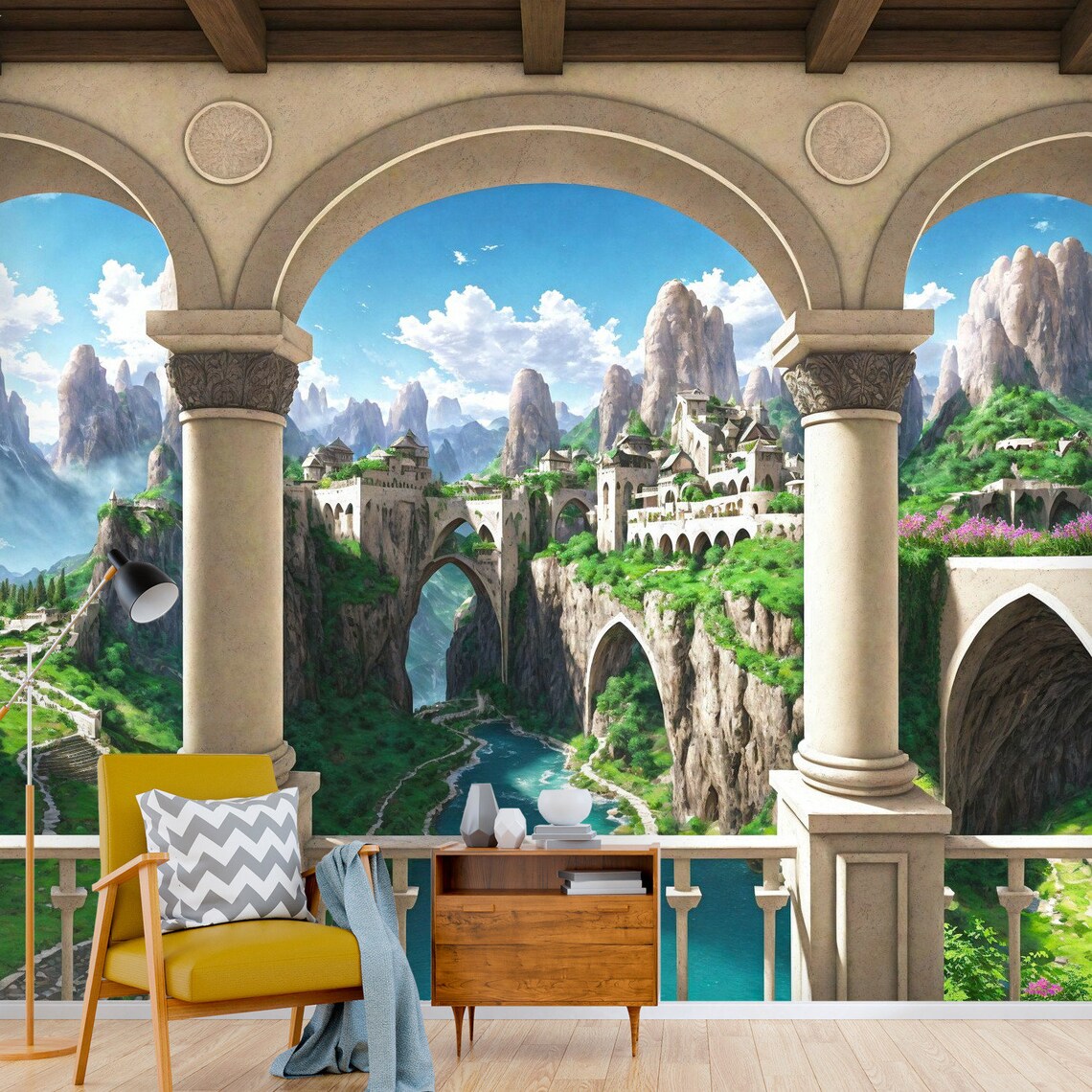 Fantasy Castle Balcony Wallpaper: Mountain Landscape Peel & Stick - Etsy