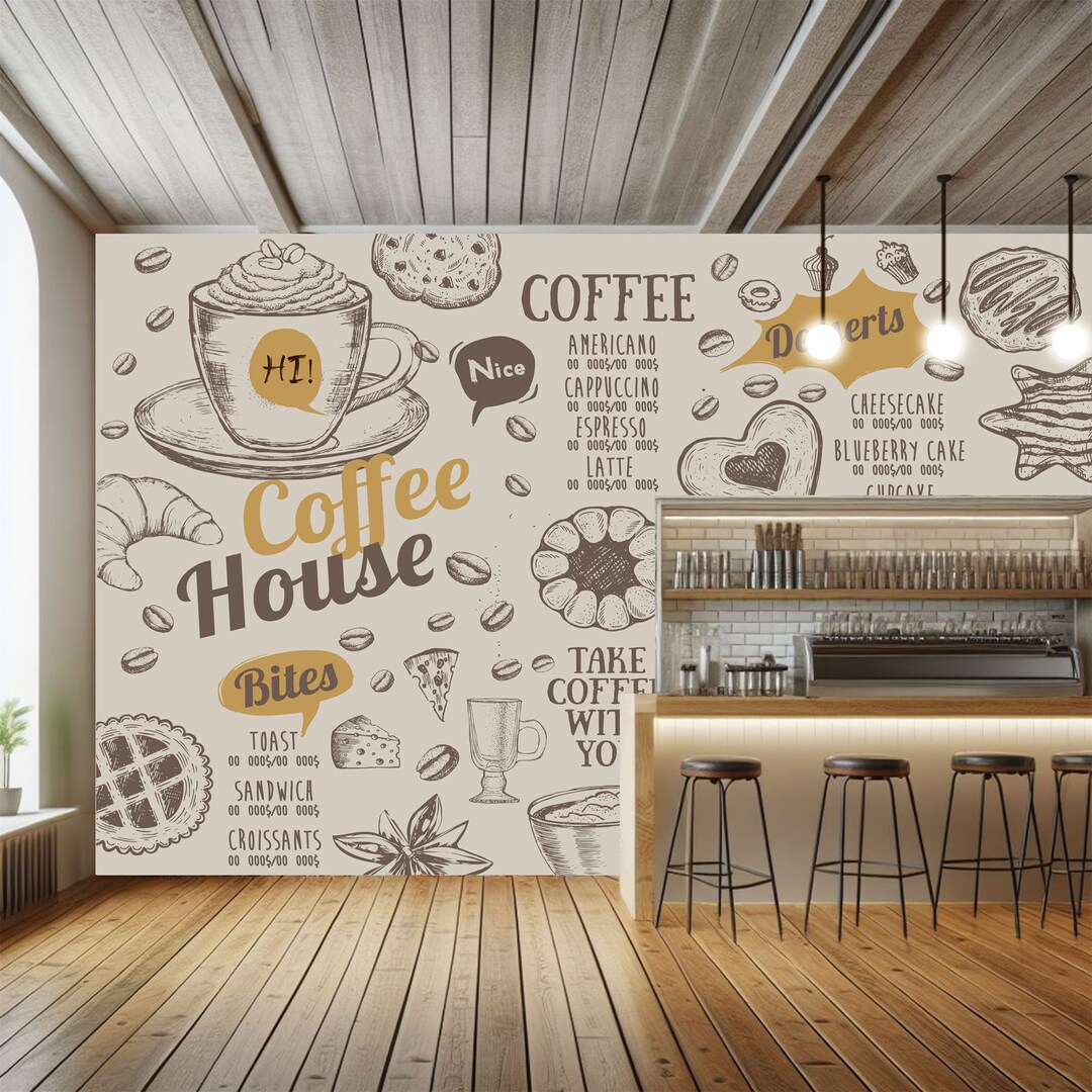 Retro Coffee House Peel & Stick Wallpaper Vintage Vibe Ideal for Coffee ...