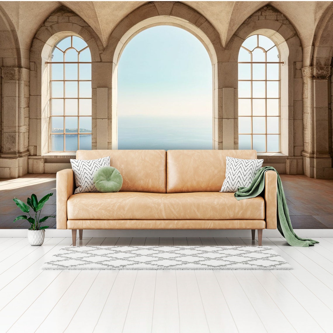 Castle Balcony, Historic Medieval Stone Arch Windows, Ocean View ...