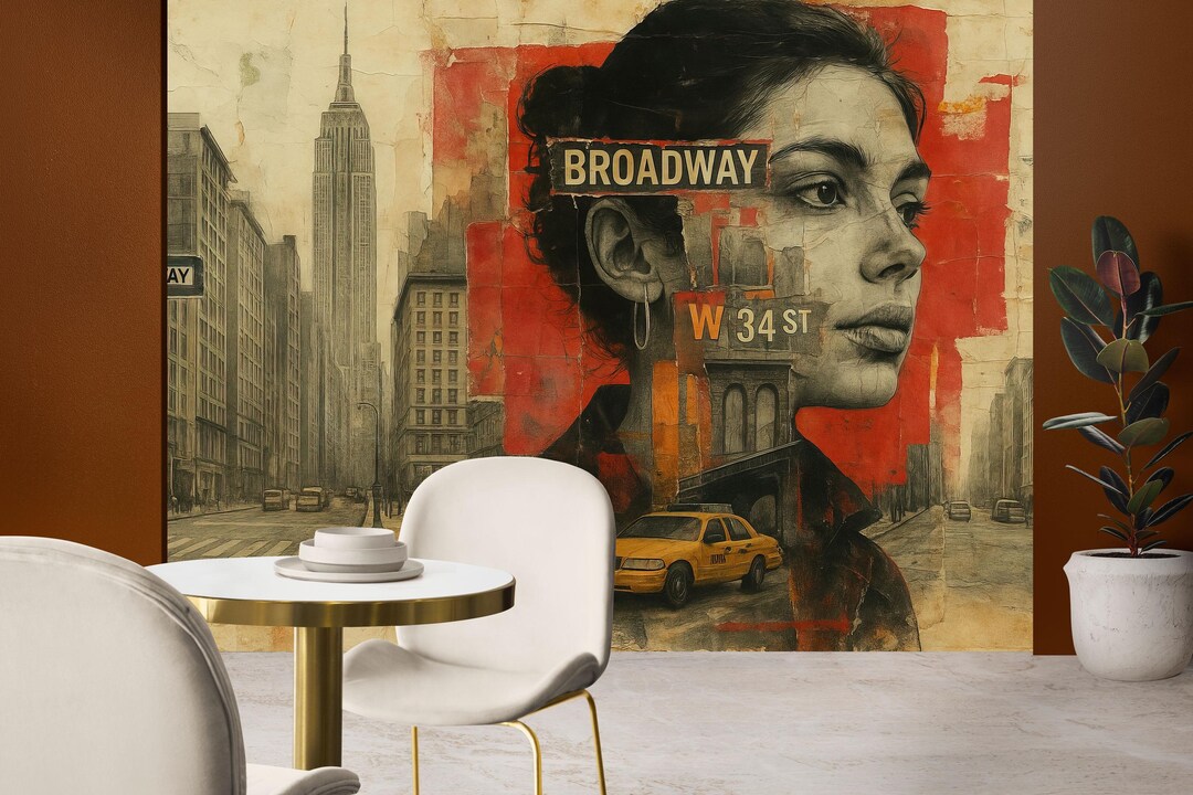 NYC Broadway Mural Wallpaper: Yellow Taxi Collage Art, Urban Loft Decor ...