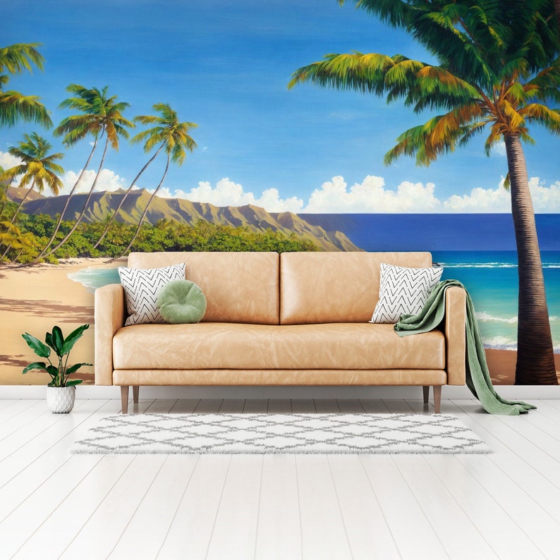 Hawaiian Seaside Mural: Tropical Peel and Stick Wallpaper - Etsy