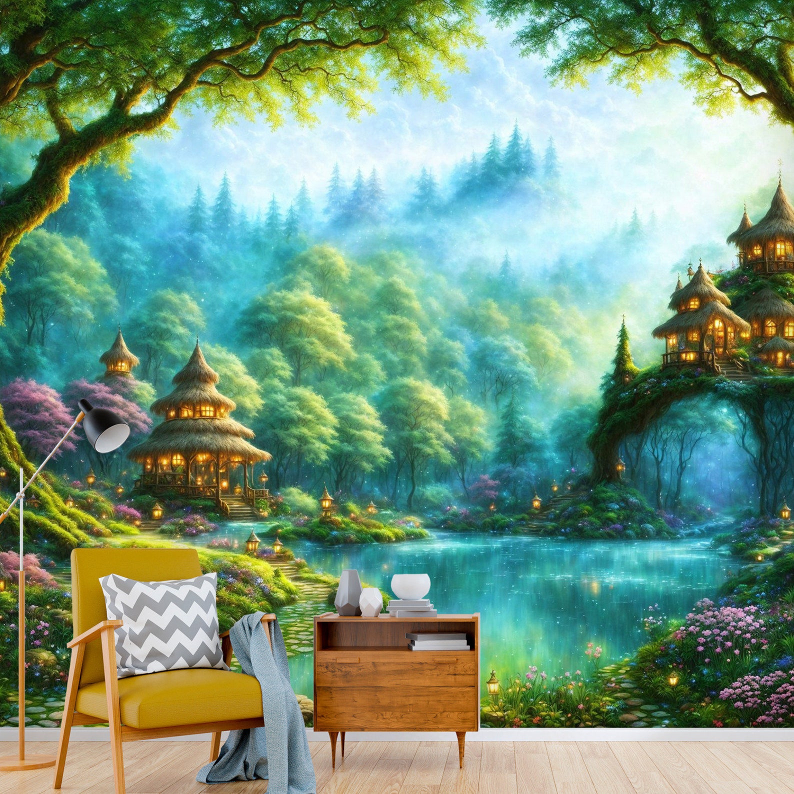 Fairy Forest Houses, Removable Mural, Enchanted Forest Mural, Nursery ...