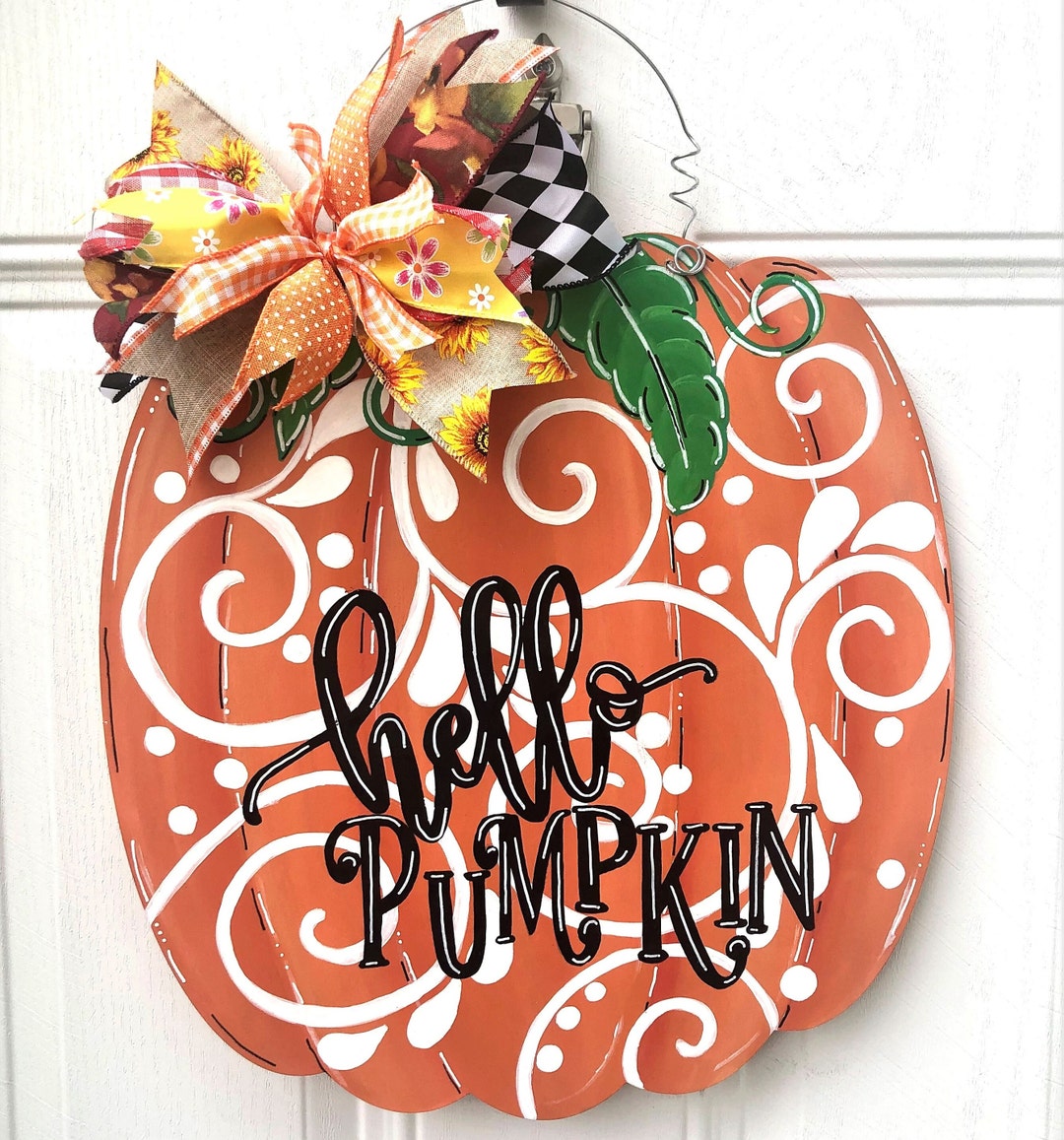 Fall Pumpkin Door Hanger / Hand Painted Wood Door Hanger / Scrolled ...