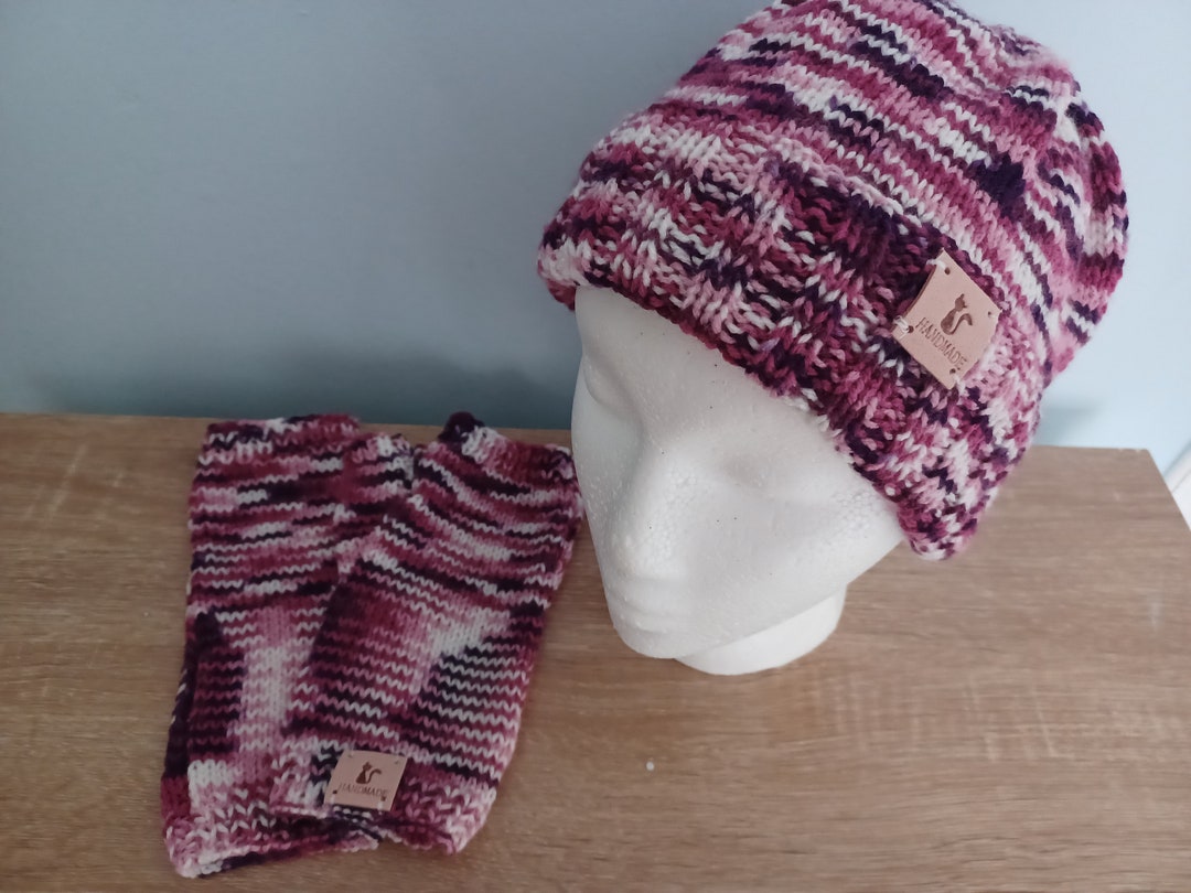 Adult Winter Set Hat & Fingerless Gloves Set. Purple Mix - Etsy