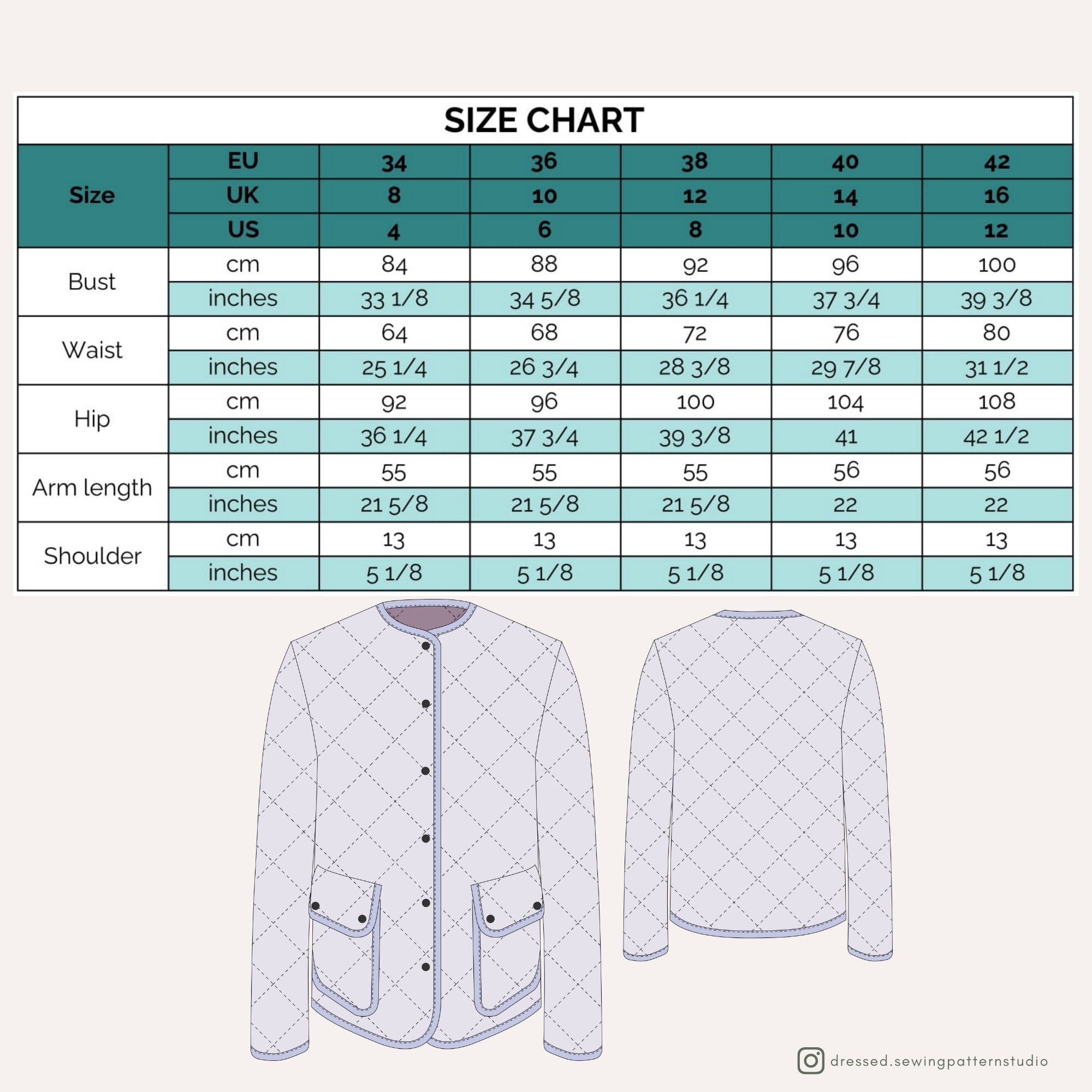 Quilted Jacket PDF Sewing Pattern | Sizes EU34-42 UK8-16 US4-12 ...