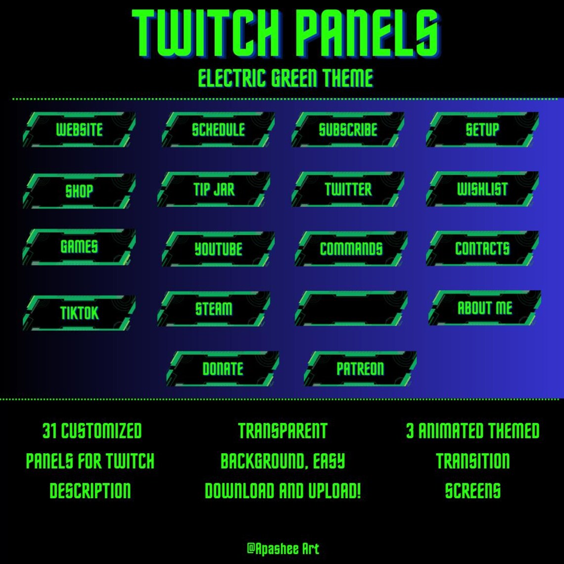 X34 Electric Green-themed Twitch Panels & ANIMATED Stream Overlay ...
