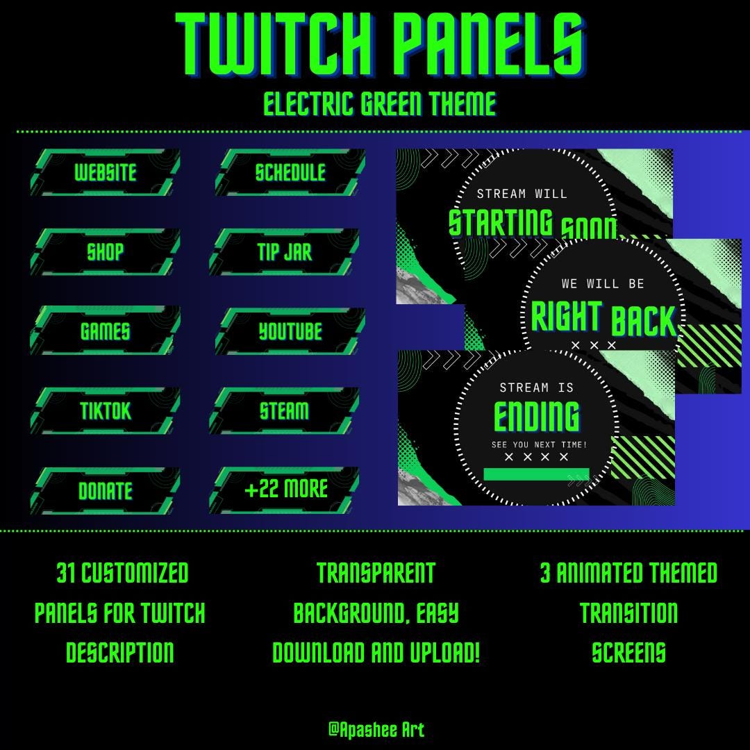 X34 Electric Green-themed Twitch Panels & ANIMATED Stream Overlay ...