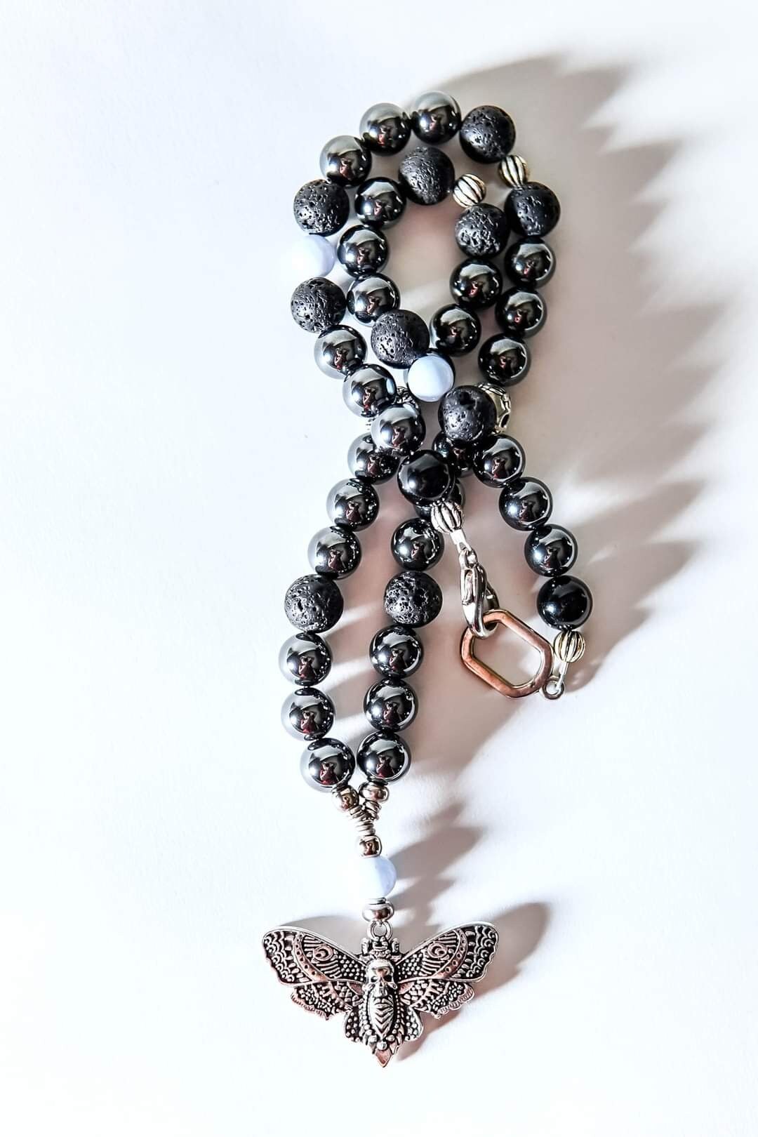 Deaths Head Moth 20" Hematite and Lava Stone Necklace With Moth Pendant ...
