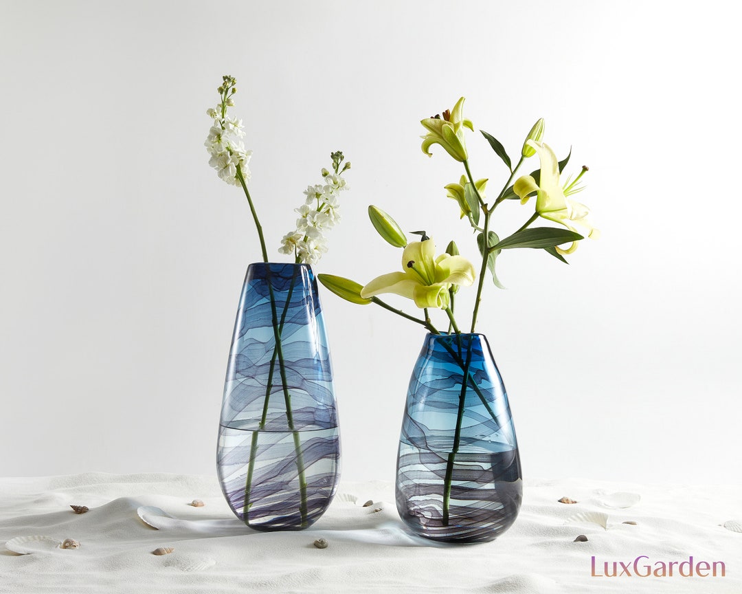 LUXGARDEN Ocean Blue Vase, Hand Blown Glass Vase, Handcrafted Vase, Blue Grey Galaxy Vase, Glass ...