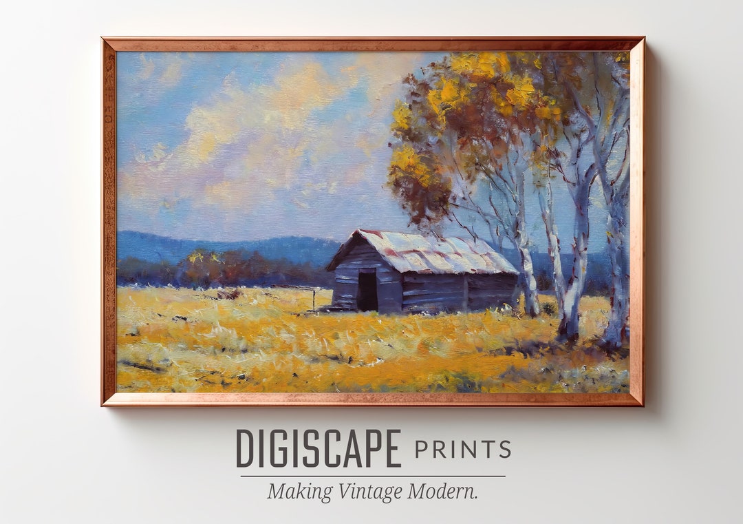PRINTABLE Vintage Oil Painting Rustic Australian Bush Hut Rural Charm ...