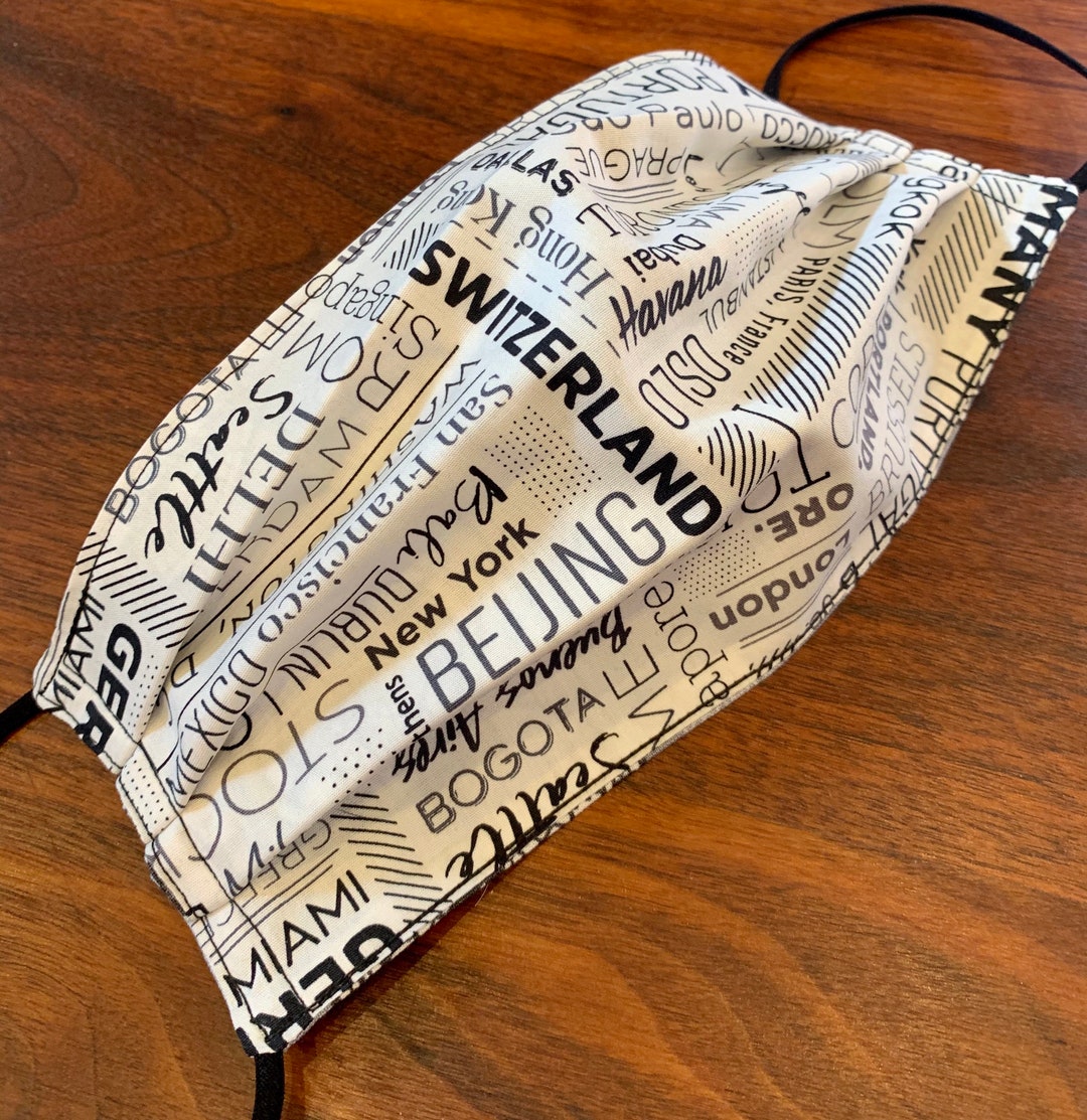Reversible Travel Face Mask, World Cities and Countries in Black ...