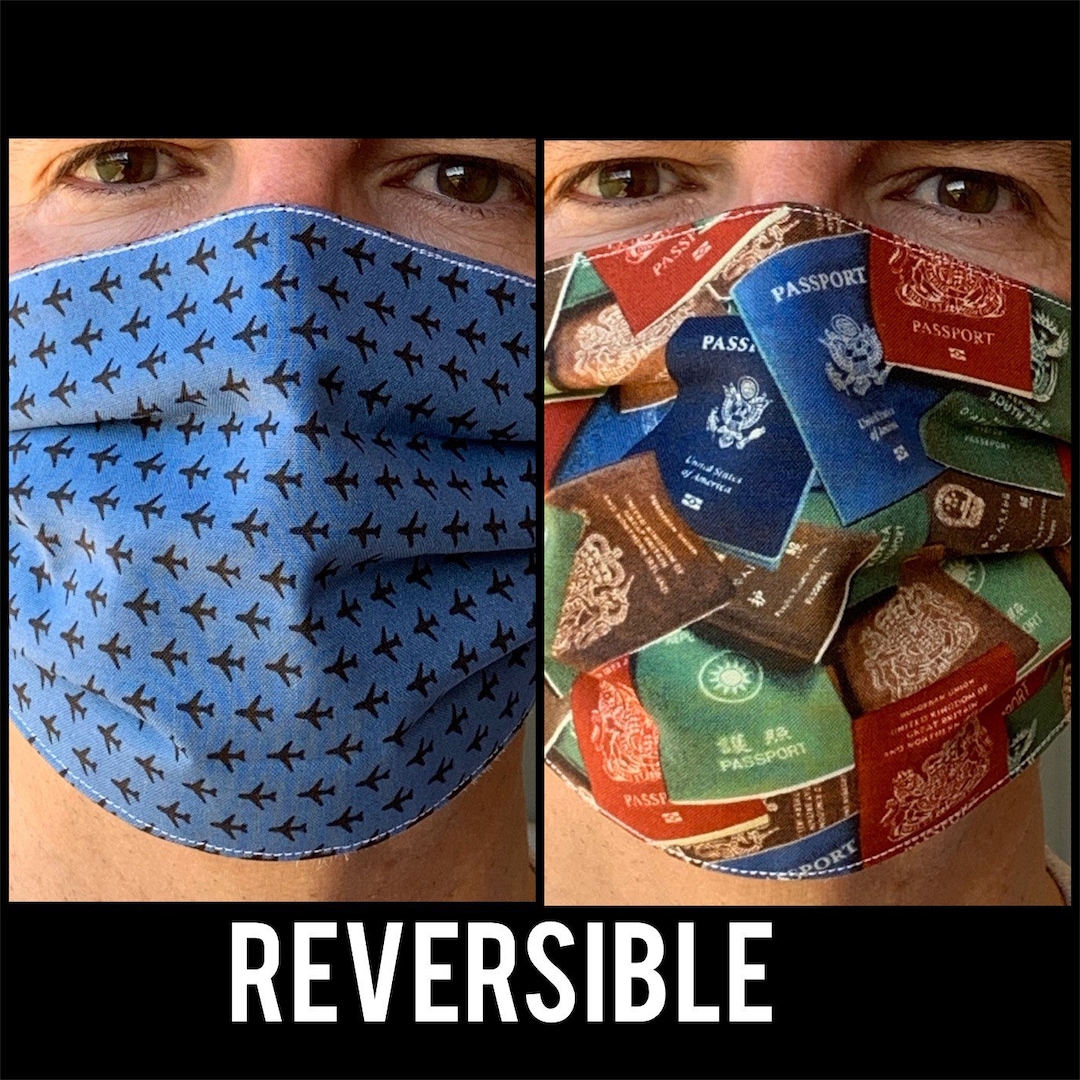 Face Mask - Reversible Passport Travel Airplane Fabric Pleated Face ...