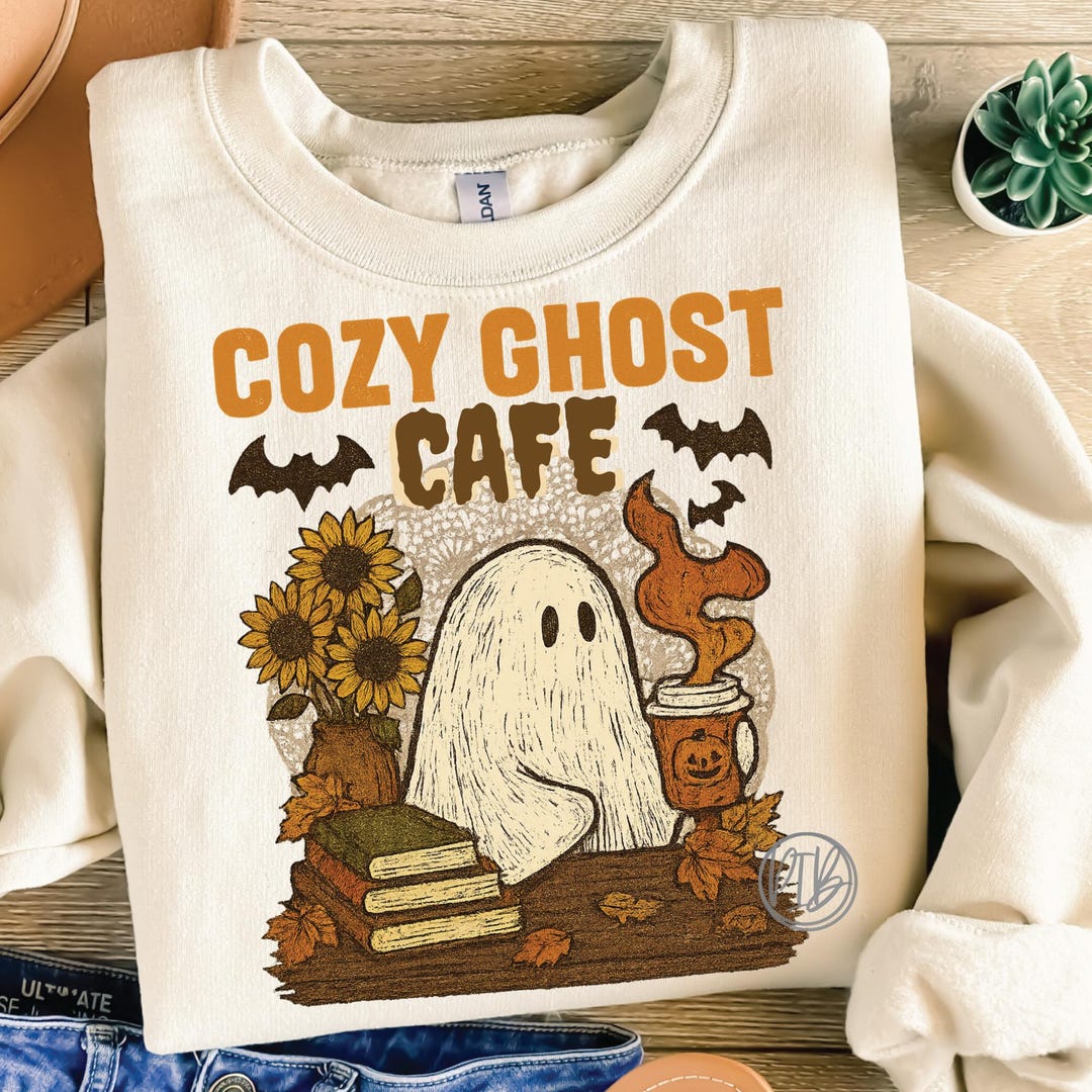 Boho Halloween Ghost PNG, Cozy Ghost Café Clipart, Fall Coffee ...