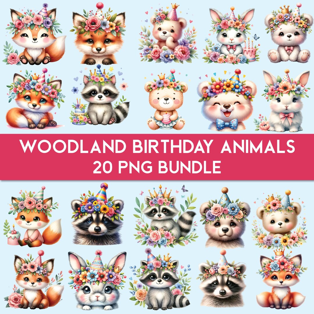 20 Cute Animal Birthday Party Clipart, Woodland Animals Birthday PNG ...