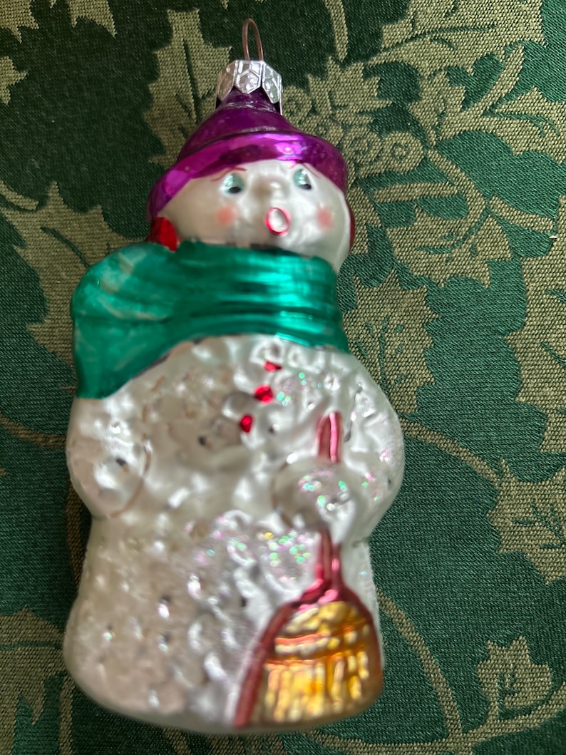 Vintage Christopher Radko Glass Snowman Ornament: Purple Hat, Gold ...