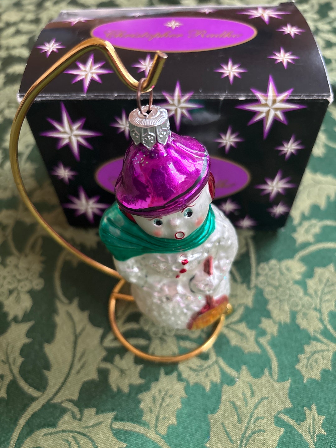 Vintage Christopher Radko Glass Ornament Snowman With Green Scarf, Red ...