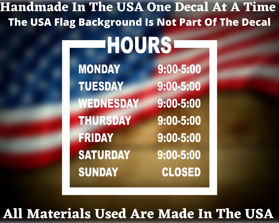 Custom Store Hours Vinyl Decal With Square Corners, Business Hours ...