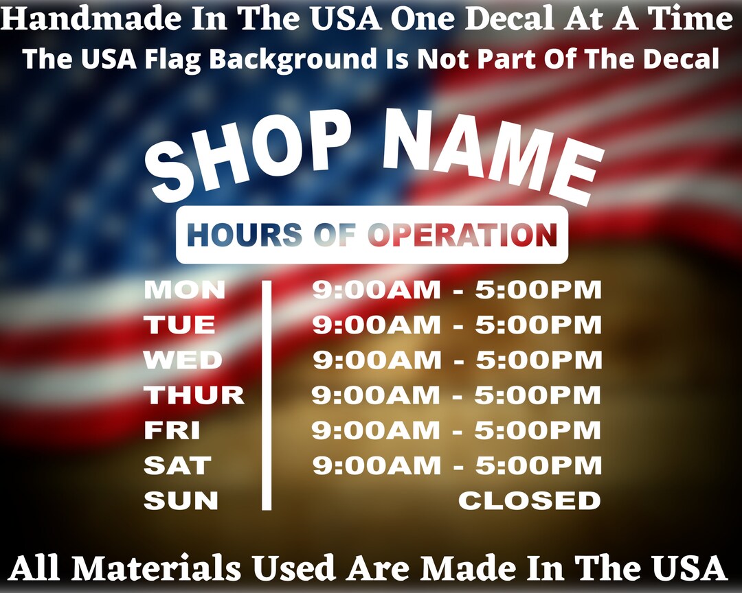 Custom Shop Name and Store Hours Vinyl Decal , Business Hours Decal for ...