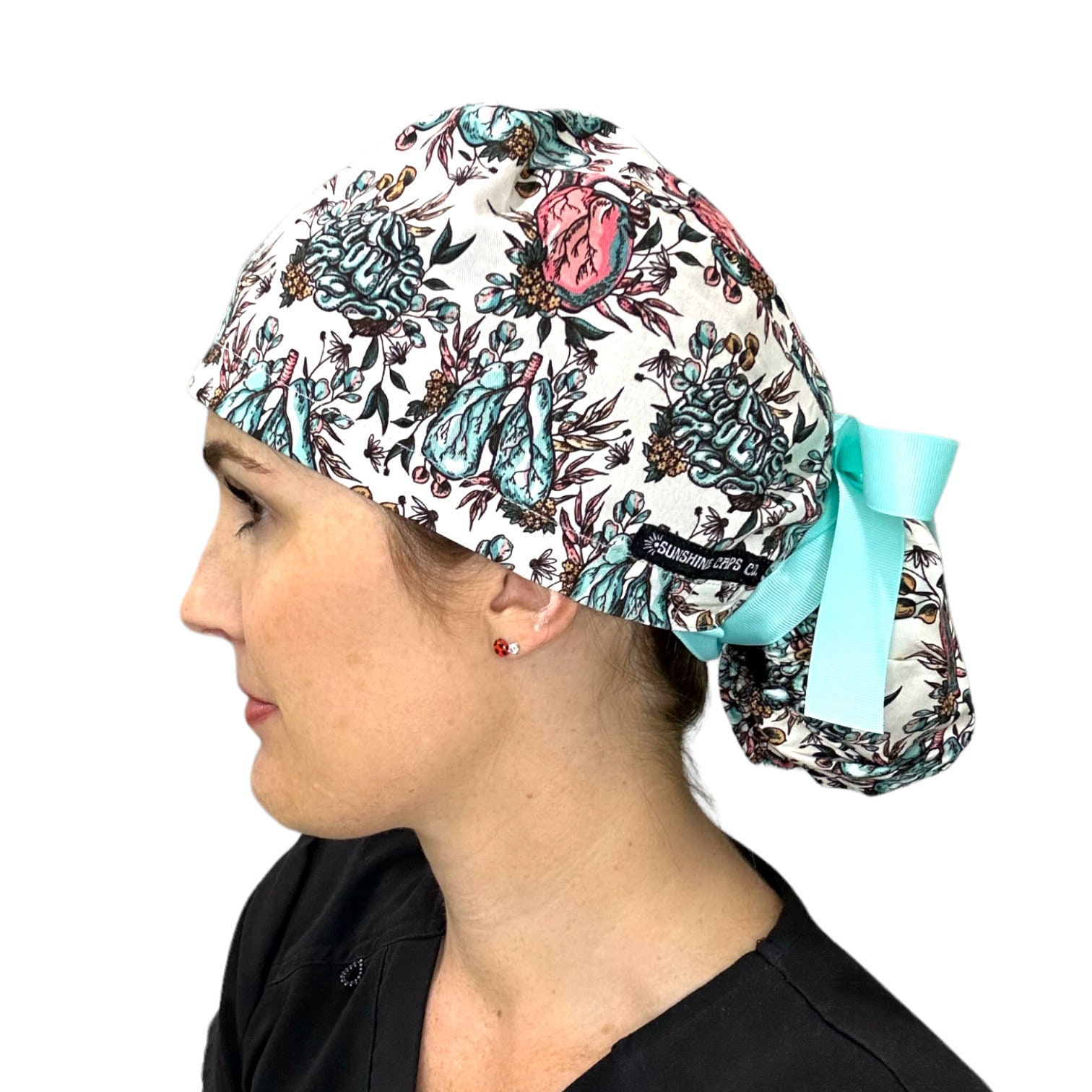 Ponytail Floral Organs Surgical Scrub Cap for Long Hair, Satin Lining ...