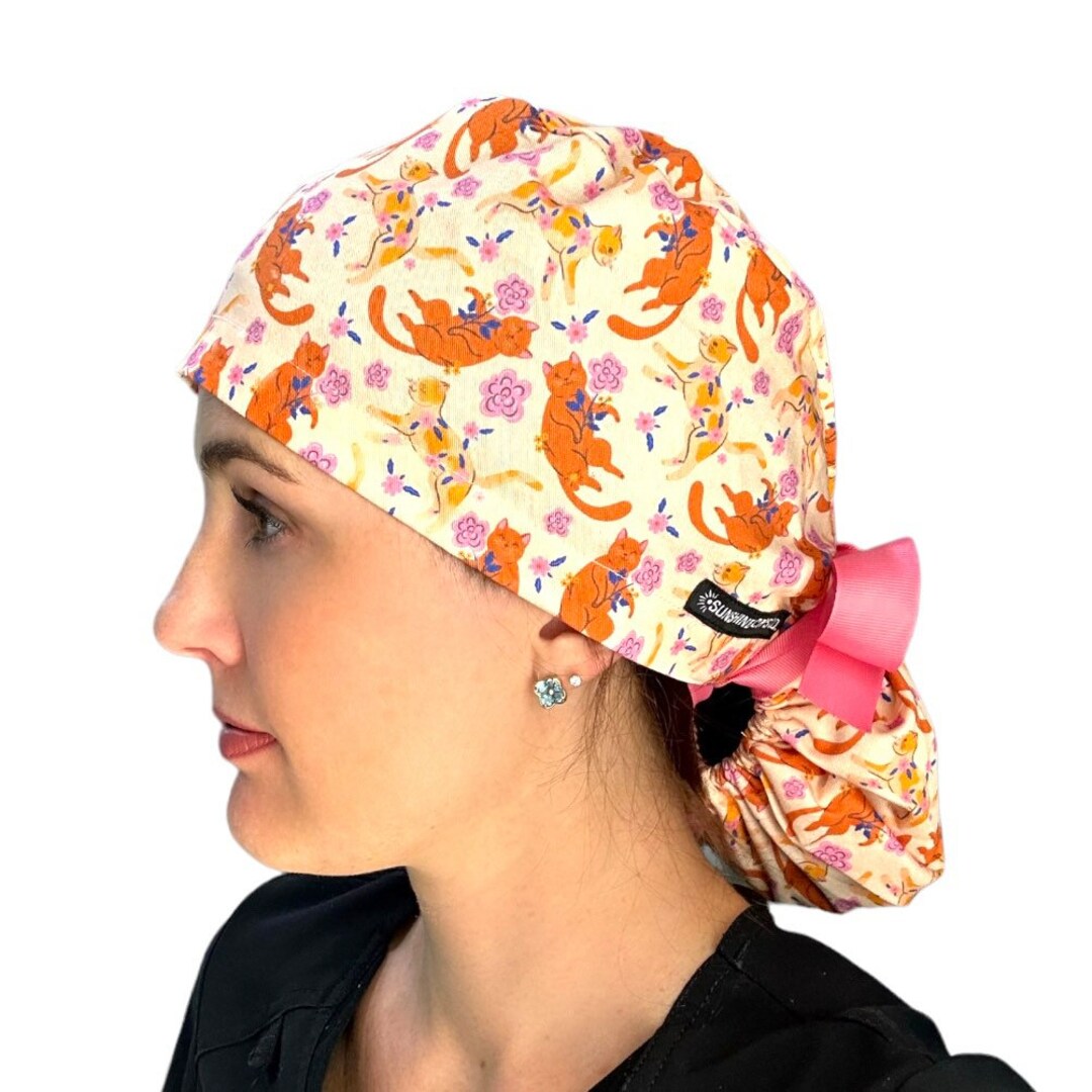 Cat Floral Ponytail Surgical Scrub Caps for Long Hair, Optional Satin ...