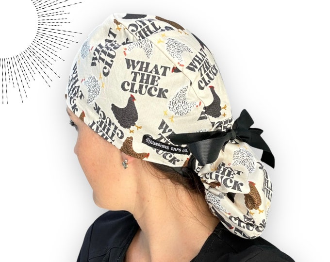 What the Cluck Chicken Funny Ponytail Surgical Scrub Caps for Long Hair ...