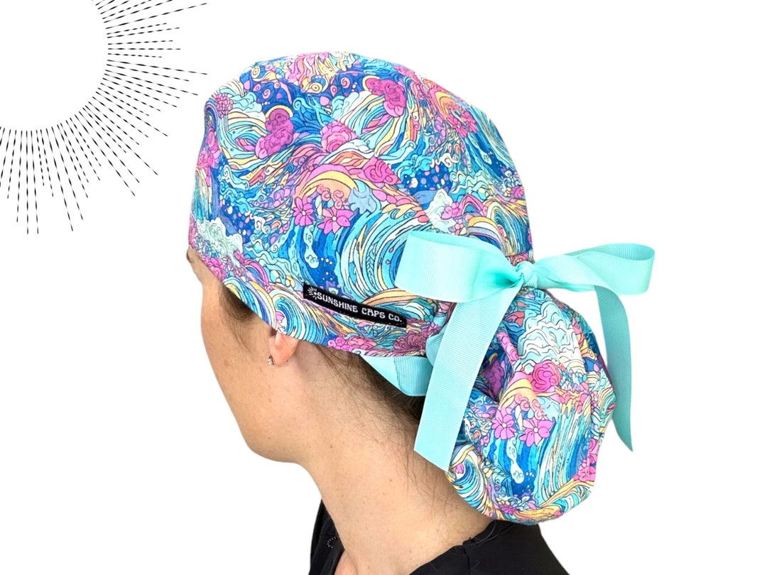 Preppy Waves Ponytail Scrub Cap for Long Hair, Satin Lining Optional ...