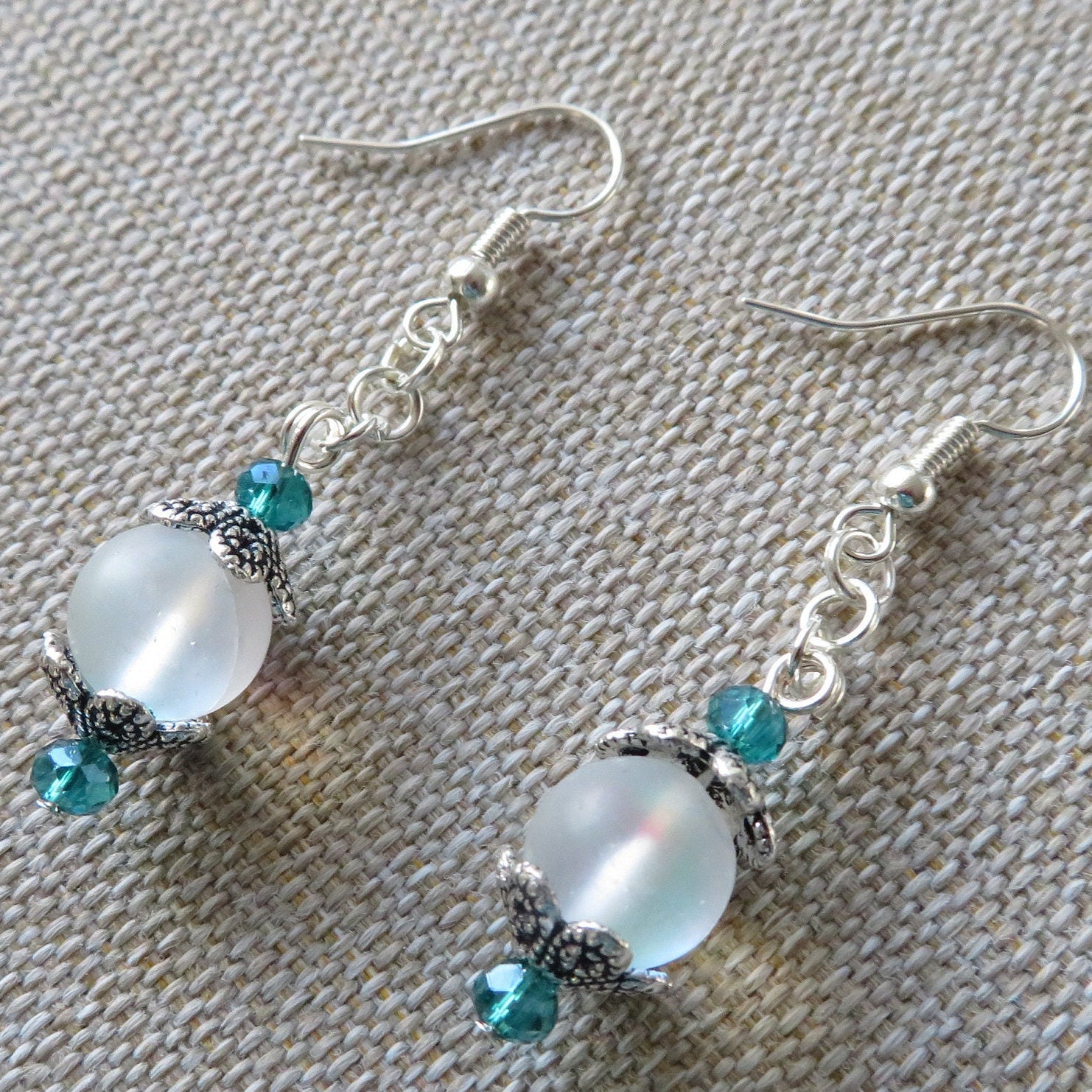 Opalite Rainbow Moonstone, Teal Crystal & Silver Earrings - Etsy
