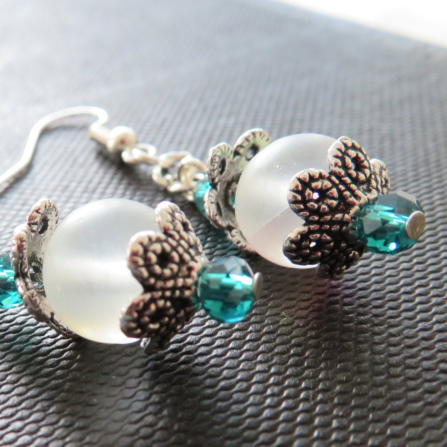 Opalite Rainbow Moonstone, Teal Crystal & Silver Earrings - Etsy