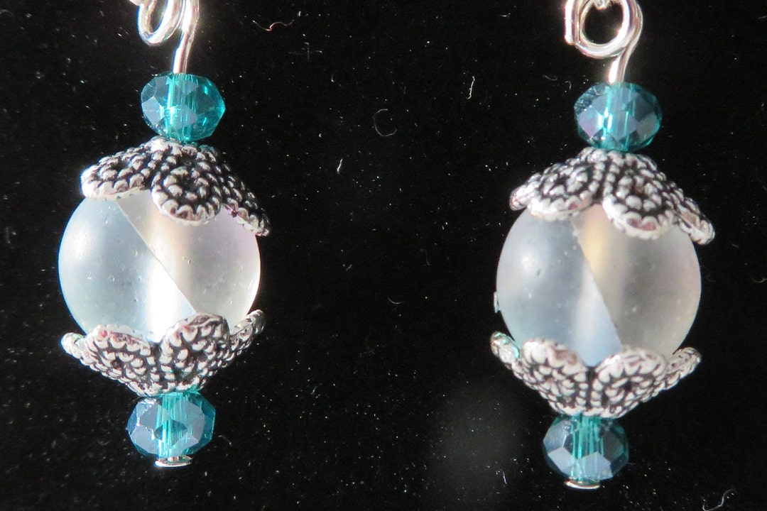 Opalite Rainbow Moonstone, Teal Crystal & Silver Earrings - Etsy