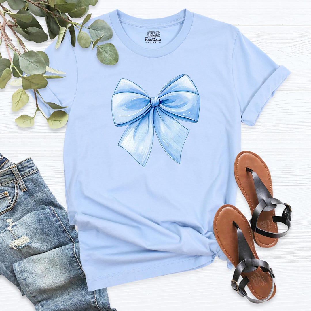 Blue Coquette Bow Shirt, Aesthetic Bow Tee, Feminine Cute Bow Shirt ...