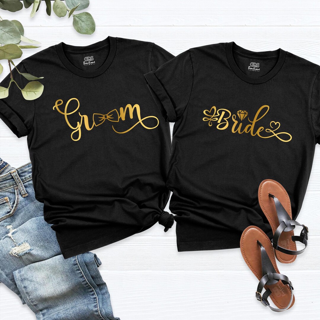 Bride and Groom Shirts Gold Font, Matching Wedding Shirts, Mr and Mrs ...