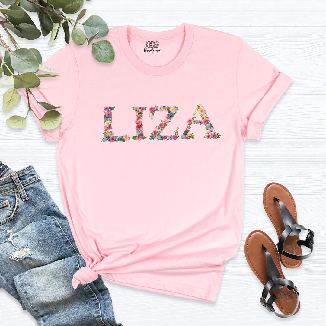 Custom Name Floral Shirt for Women, Personalized Flower Letter Tee, Shirt for Her, Flower Name T ...