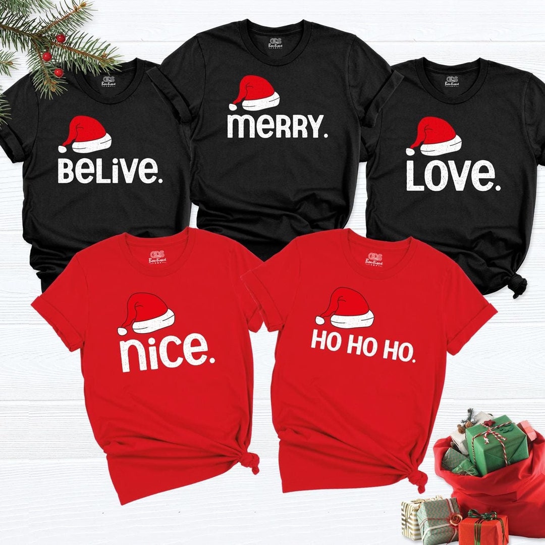 Custom Family Christmas Shirts, Matching Santa Hat Tee, Merry Nice ...