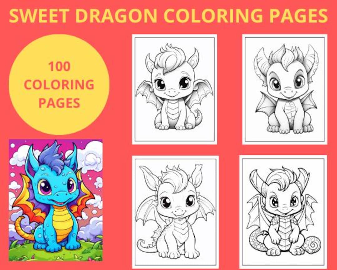 Sweet Dragon Coloring Pages: 100 Coloring Pages - Etsy