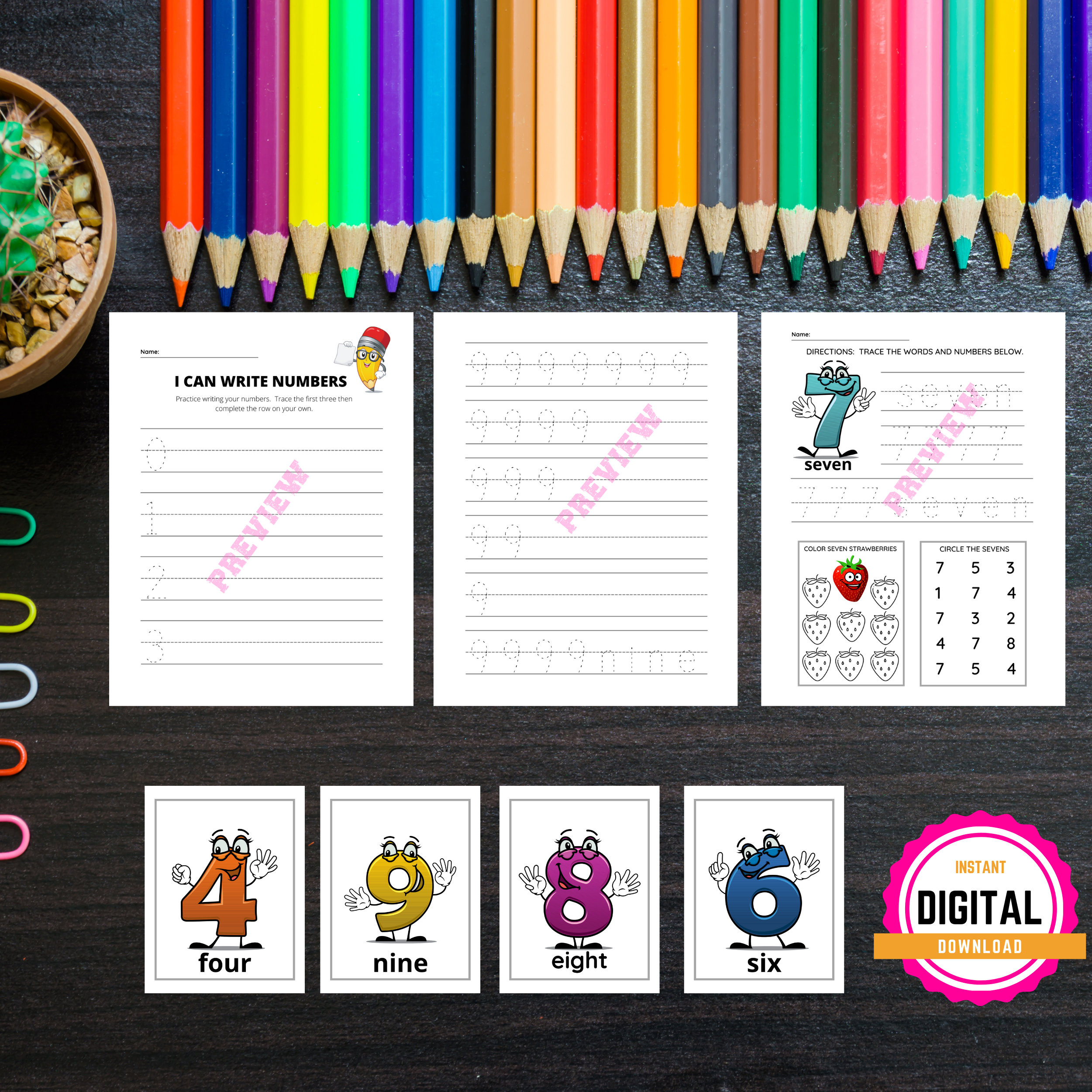 Number Tracing Preschool Worksheets, Learn Numbers 0-9 (digital ...