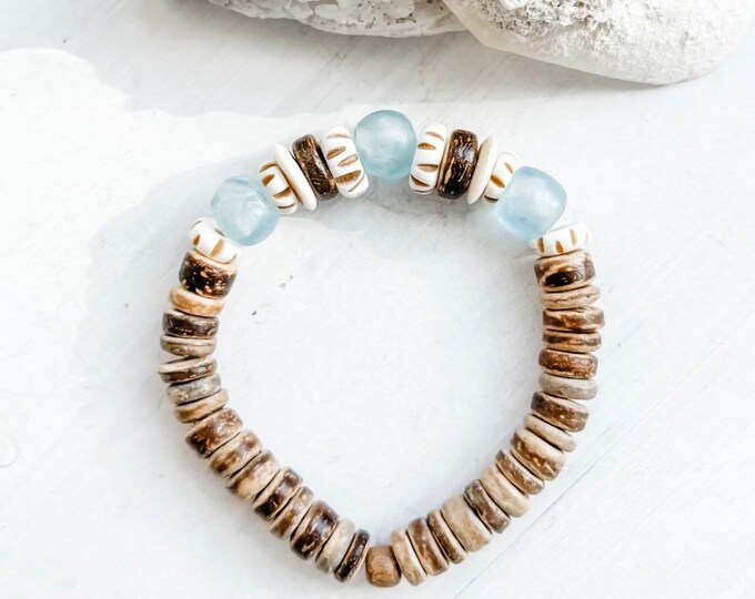 Coconut Shell Bracelet With African Recycled Glass & Bone Beads/tribal ...